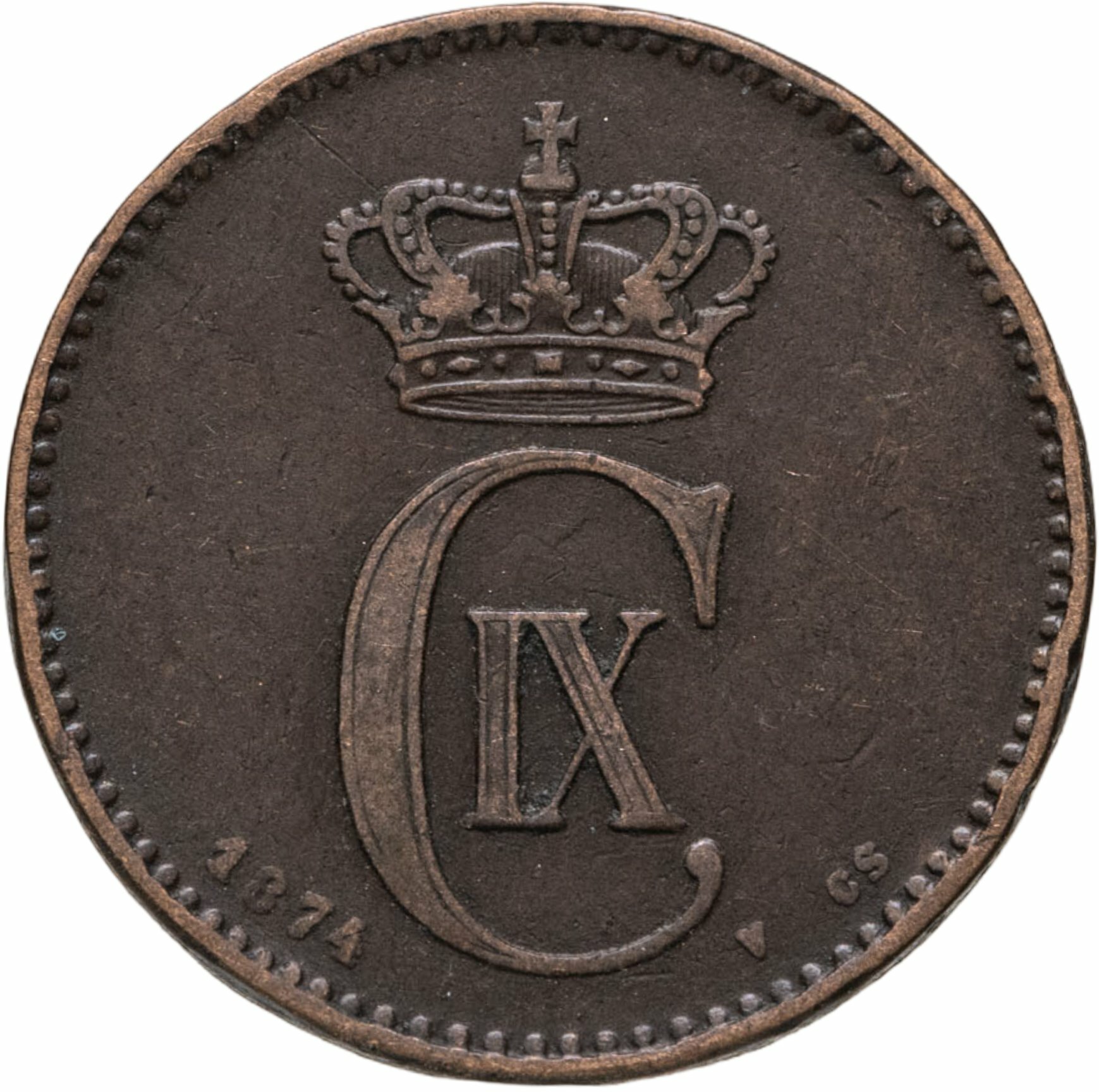 Дания 2 эре 1874, Бронза, в сохранности XF