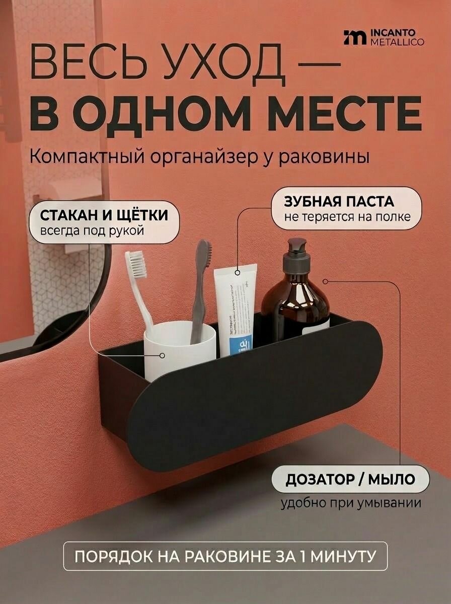 Полка для ванной настенная черная нержавейка 30 х 10 х 10 см, для шампуней и косметики