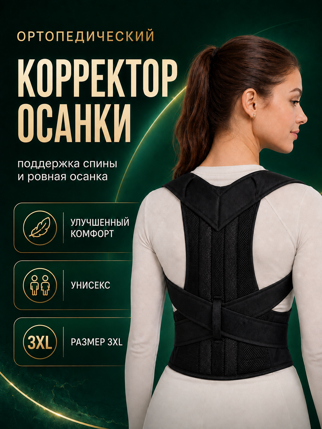 Корректор осанки универсальный, Корсет ортопедический для спины, Поддержка позвоночника, Размер 3XL, Черный