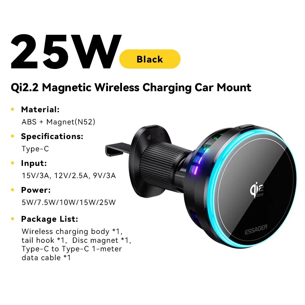 Беспроводное магнитное автомобильное зарядное устройство Essager 25W для Huawei, Xiaomi, iPhone 17, 16 Pro, MacSafe, RGB-держатель для телефона, станция быстрой зарядки