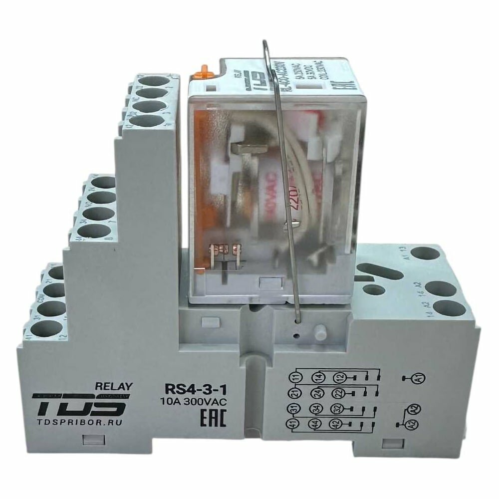 Промежуточное реле с колодкой TDS RS4-3-1, 4 перекидных контакта, AC 230В/5А TDS66093