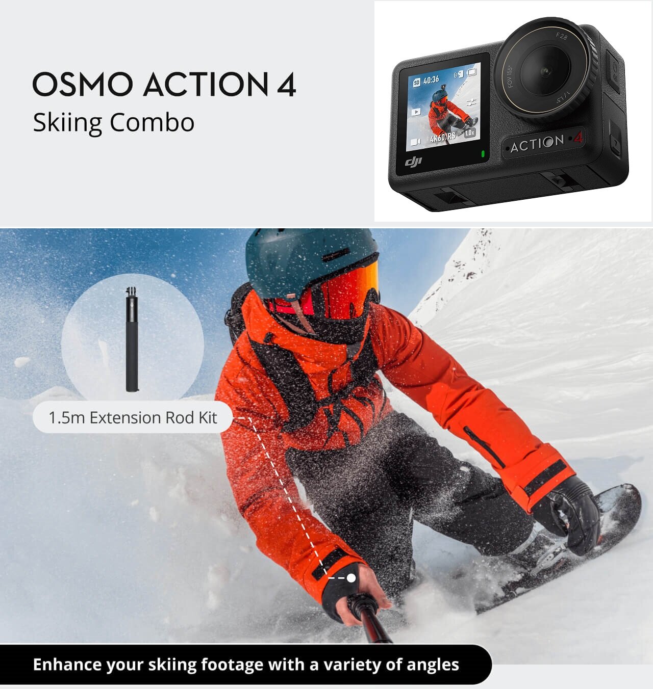 Экшн-камера DJI Osmo Action 4 Skiing Combo, разрешение 4К, водонепроницаемость, 360º HorizonSteady