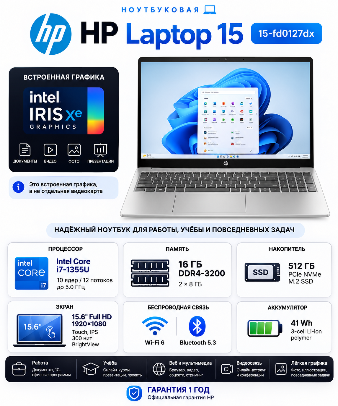 Ноутбук HP Laptop 15 (i7, 16 ГБ, 512 ГБ, сенсорный, Win 11) Серый