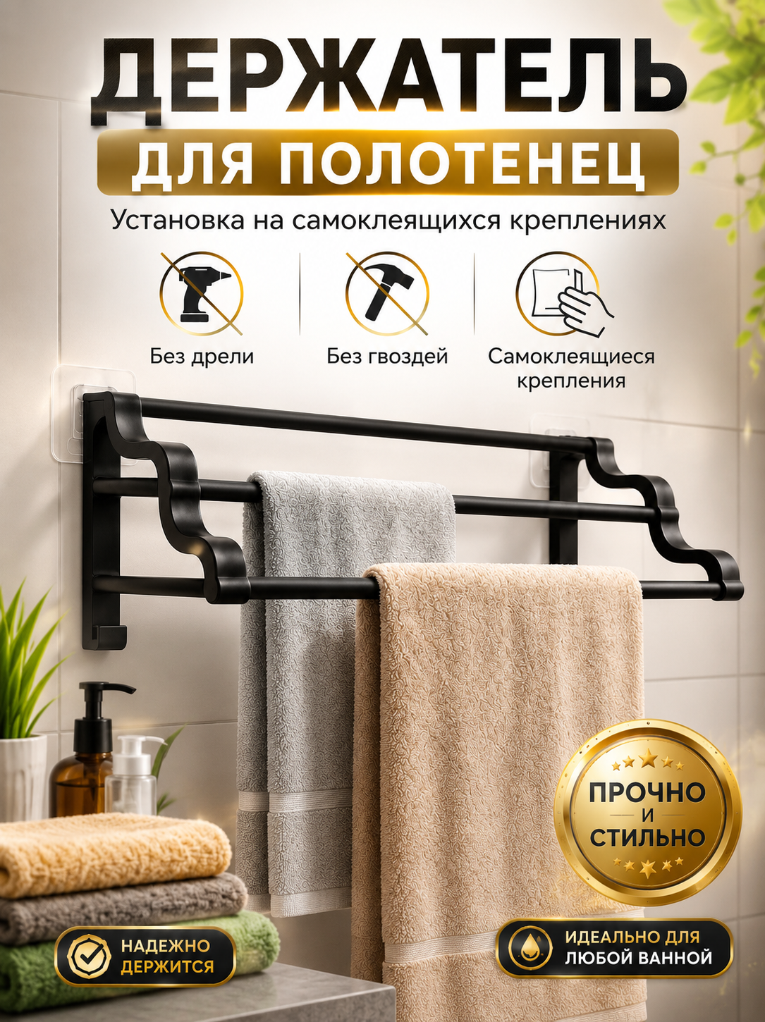 Держатель для полотенец черный, 50 см