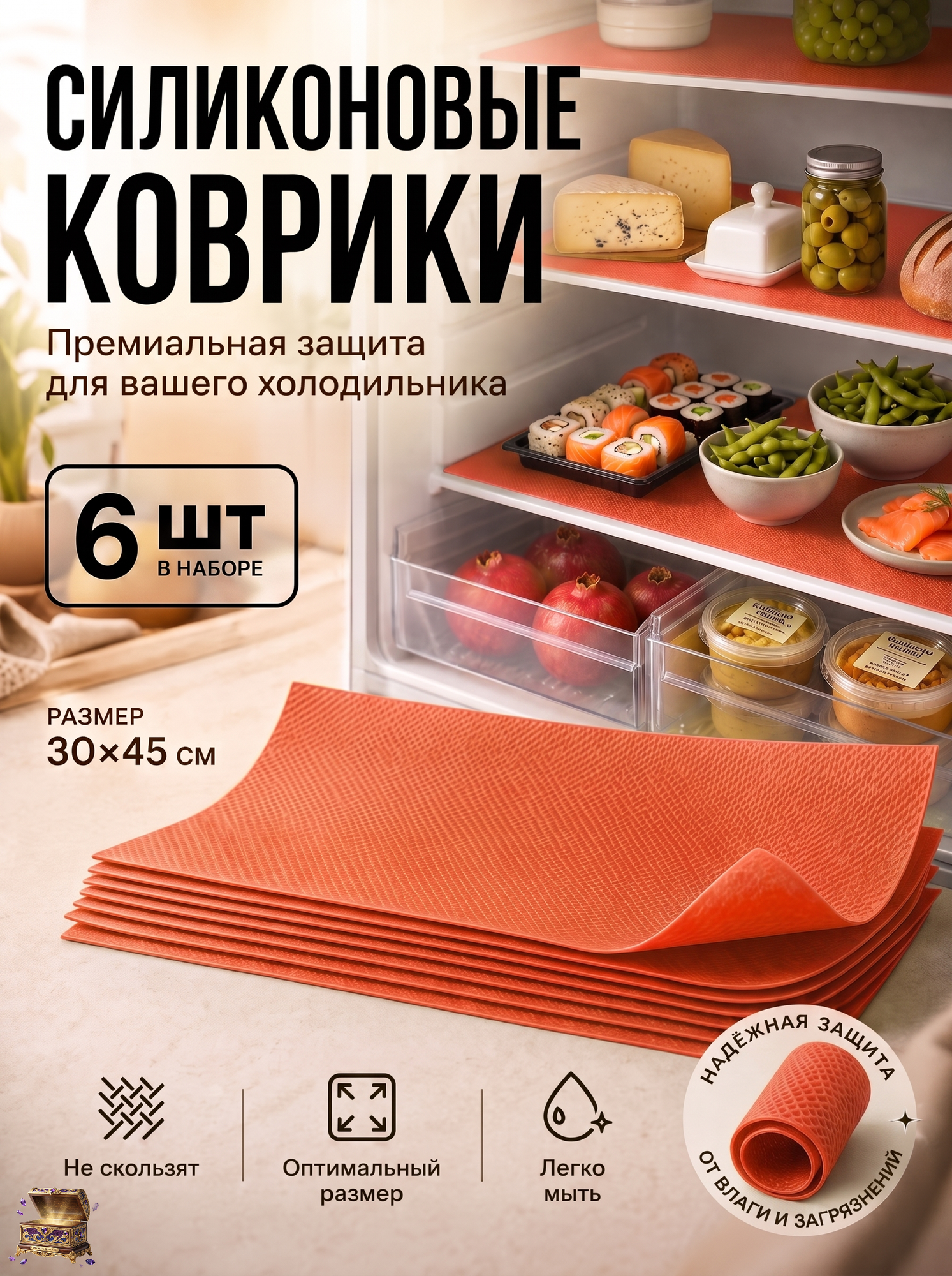 Коврики силиконовые для кухонных полок, ящиков и холодильника, 6 шт, 30 x 45 см.