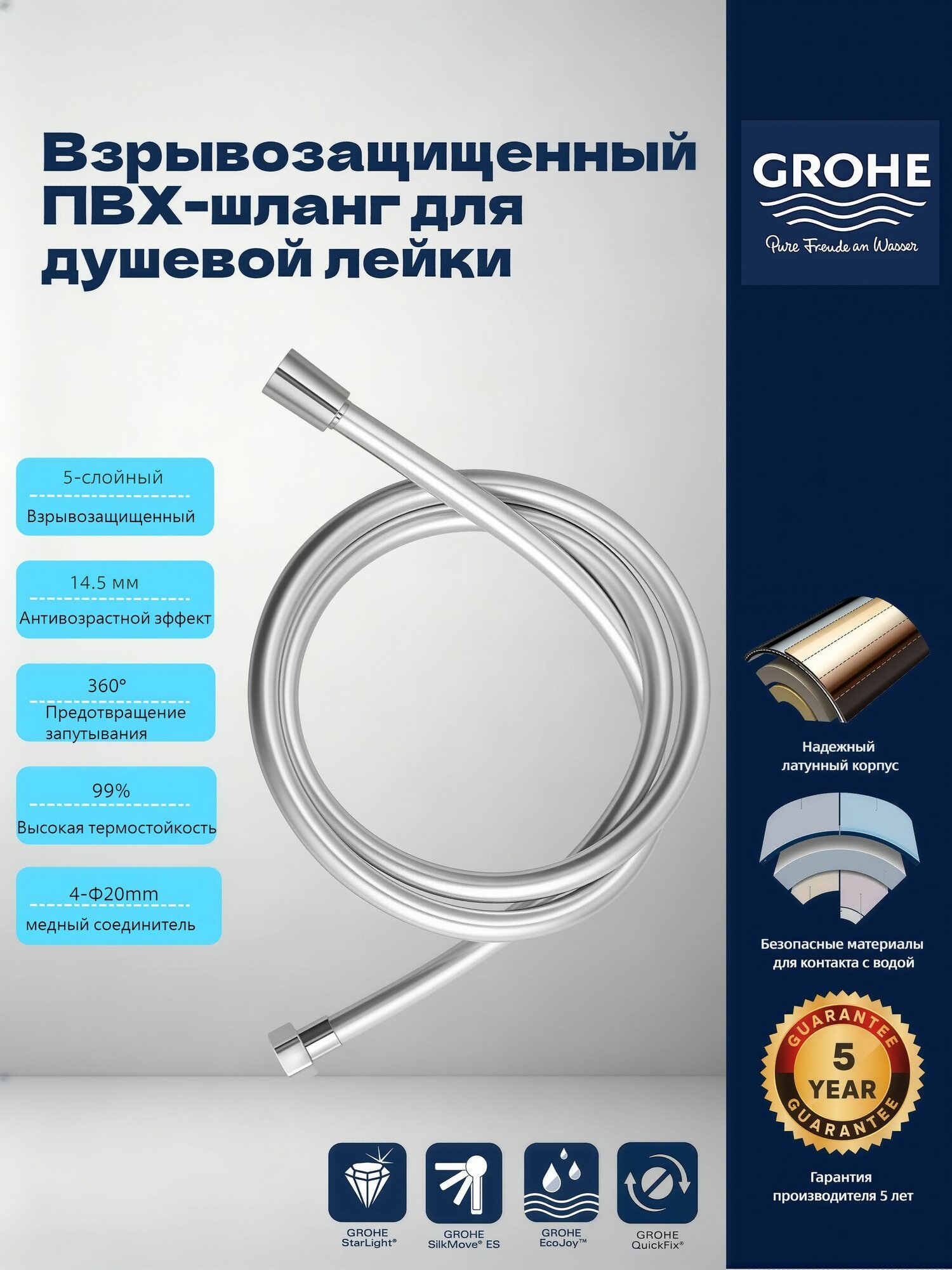 GROHE шланг для душа,150cм хромовый с медными соединениями