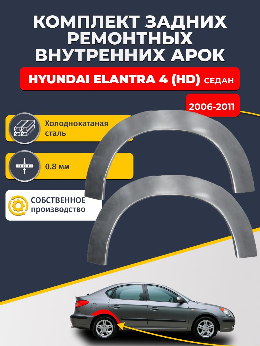 Комплект задних ремонтных внутренних арок для автомобиля Hyundai Elantra 4 HD 2006-2011 седан (Элантра 4). Холоднокатаная сталь 0,8 мм.