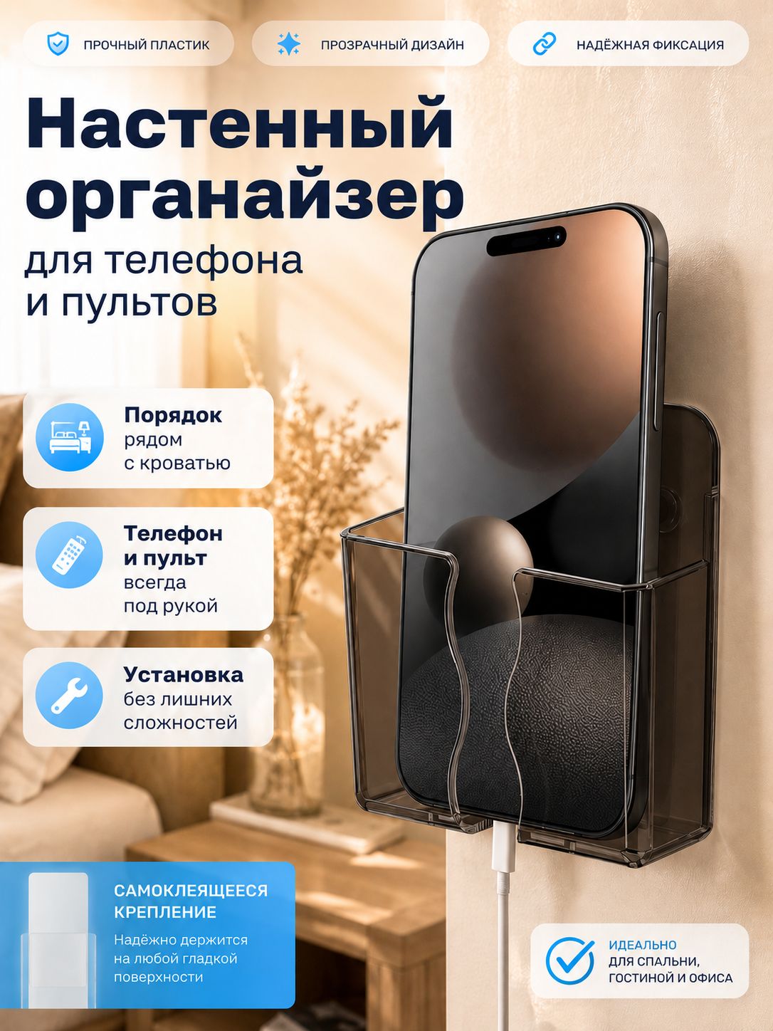 Настенный органайзер для телефона и пультов самоклеящийся пластиковый 9,310,52,7 см с отверстием для зарядки, держатель смартфона и ТВ пультов