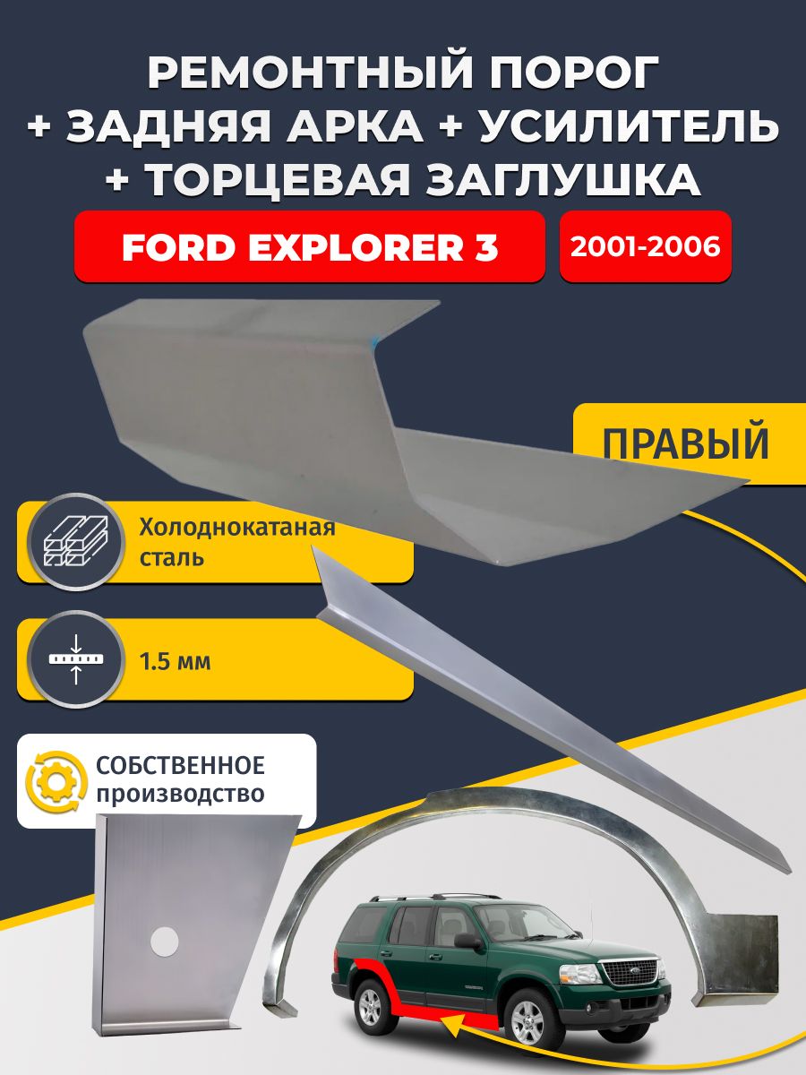 Правая ремонтная задняя арка (0,8 мм) и правый стандартный порог + торцевая заглушка + усилитель, на Ford Explorer 3 2001-2006 (Форд Эксплорер 3) Холоднокатаная сталь 1,5 мм