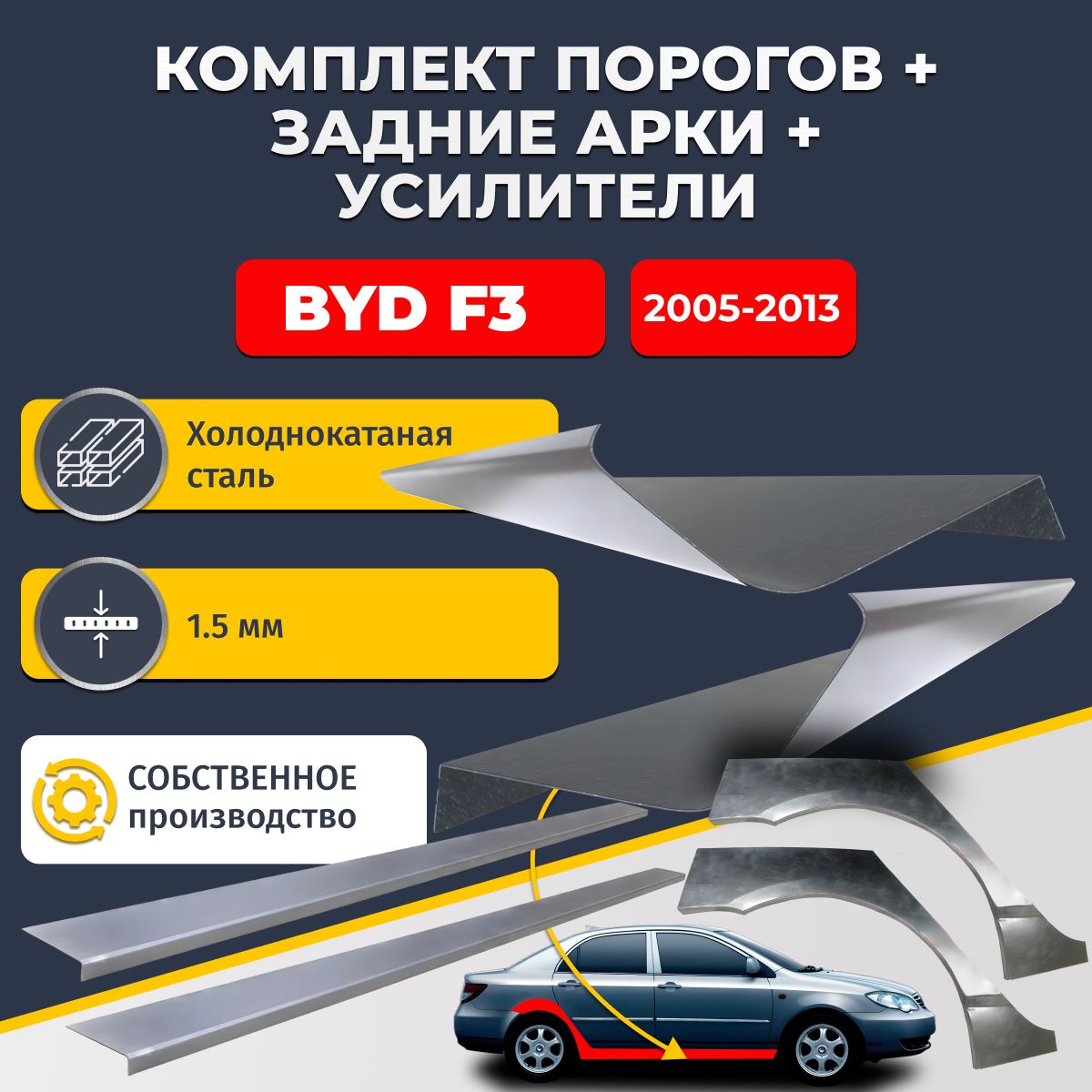 Комплект ремонтных задних арок(0,8 мм) и стандартных порогов(1,5 мм) + усилители (1,5 мм.) на BYD F3 2005-2013 седан 4 двери (Бид Ф3). Материал холоднокатаная сталь.
