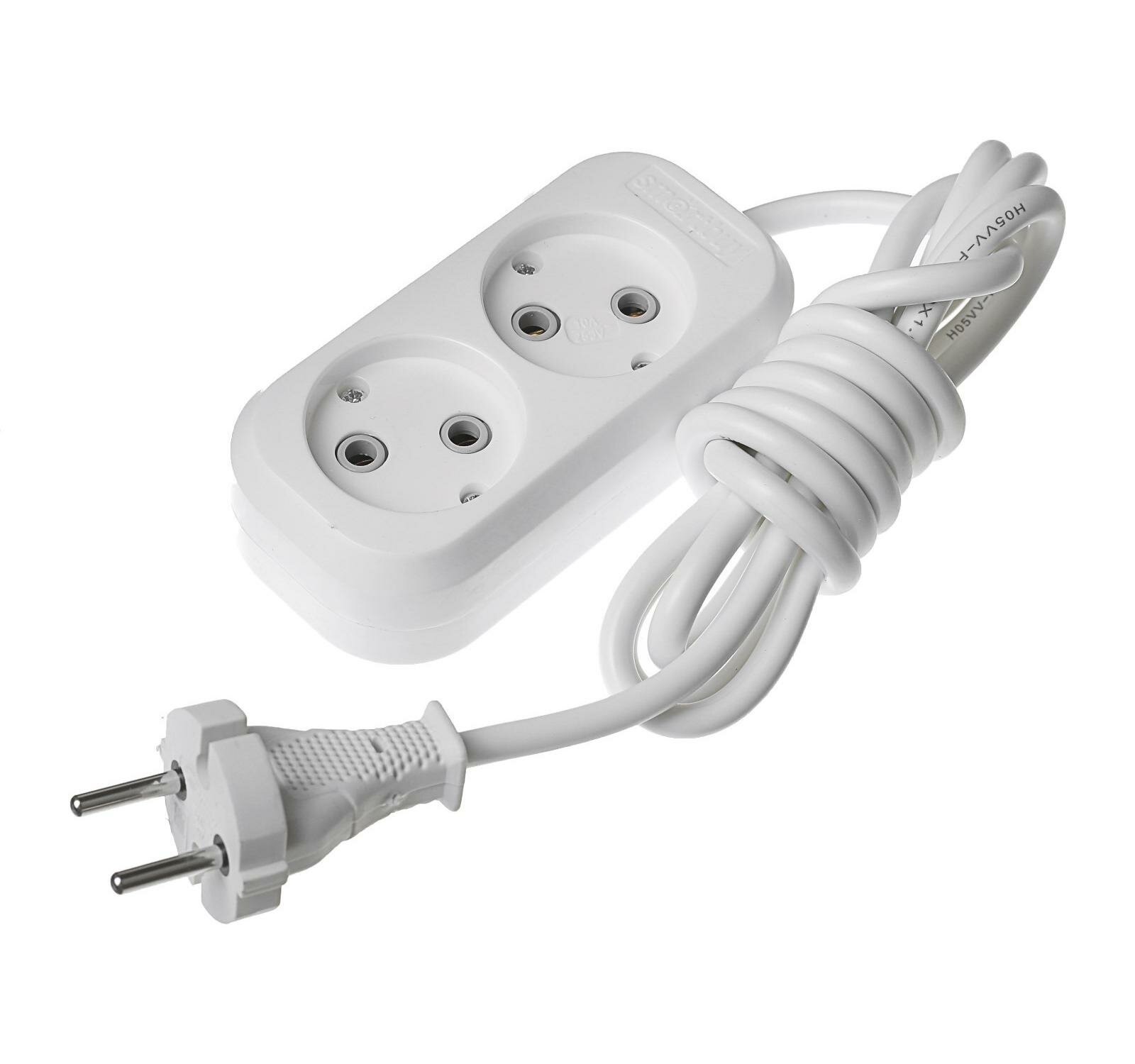 Удлинитель Smartbuy, 2 розетки, 2 м, 10 А, 2200 Вт, ПВС 2х1 мм2, без з/к, белый