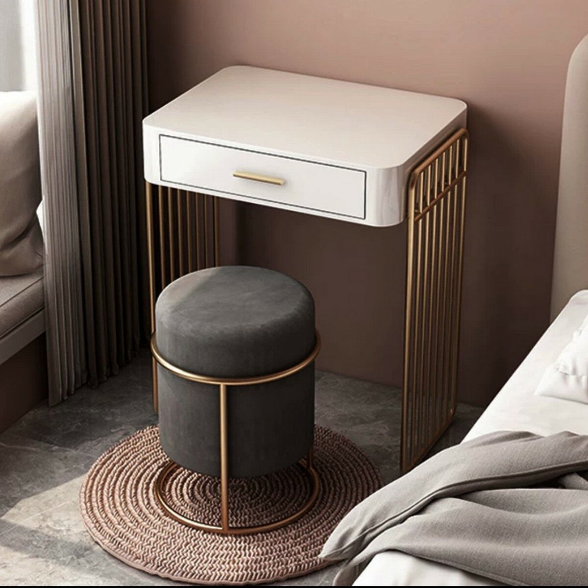 Туалетный столик Orly (Стол 55см / белая столешница + серый пуф, без зеркала)