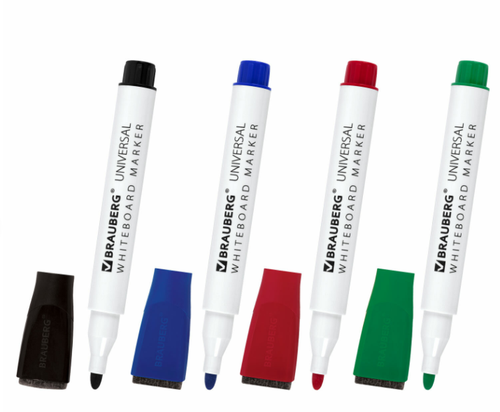 Маркеры стираемые на магните со стирателем для белой доски, 4 цвета, BRAUBERG UNIVERSAL, 3мм, 152491