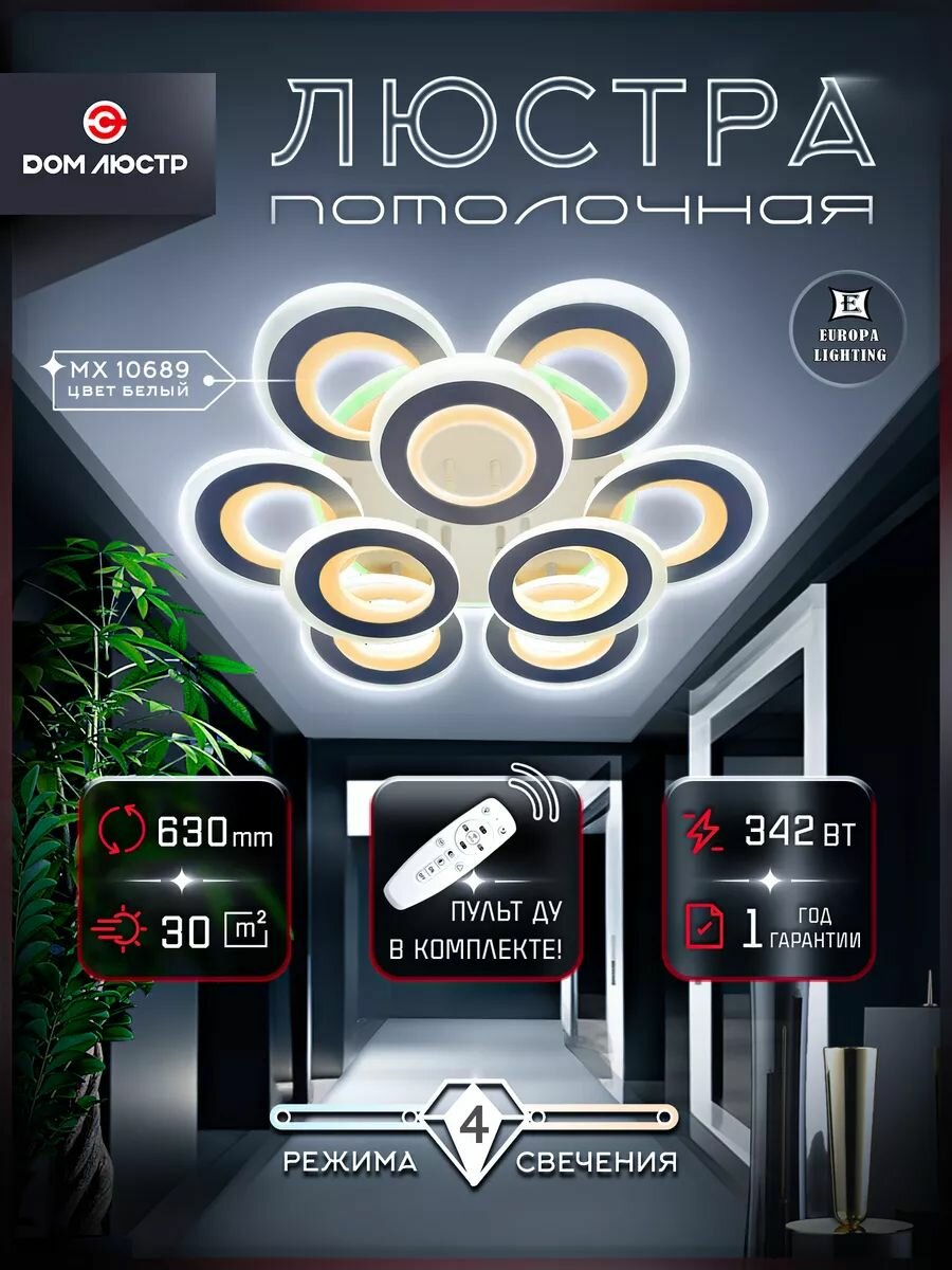 Люстра потолочная светодиодная с пультом на 22 кв. м Europa Lighting