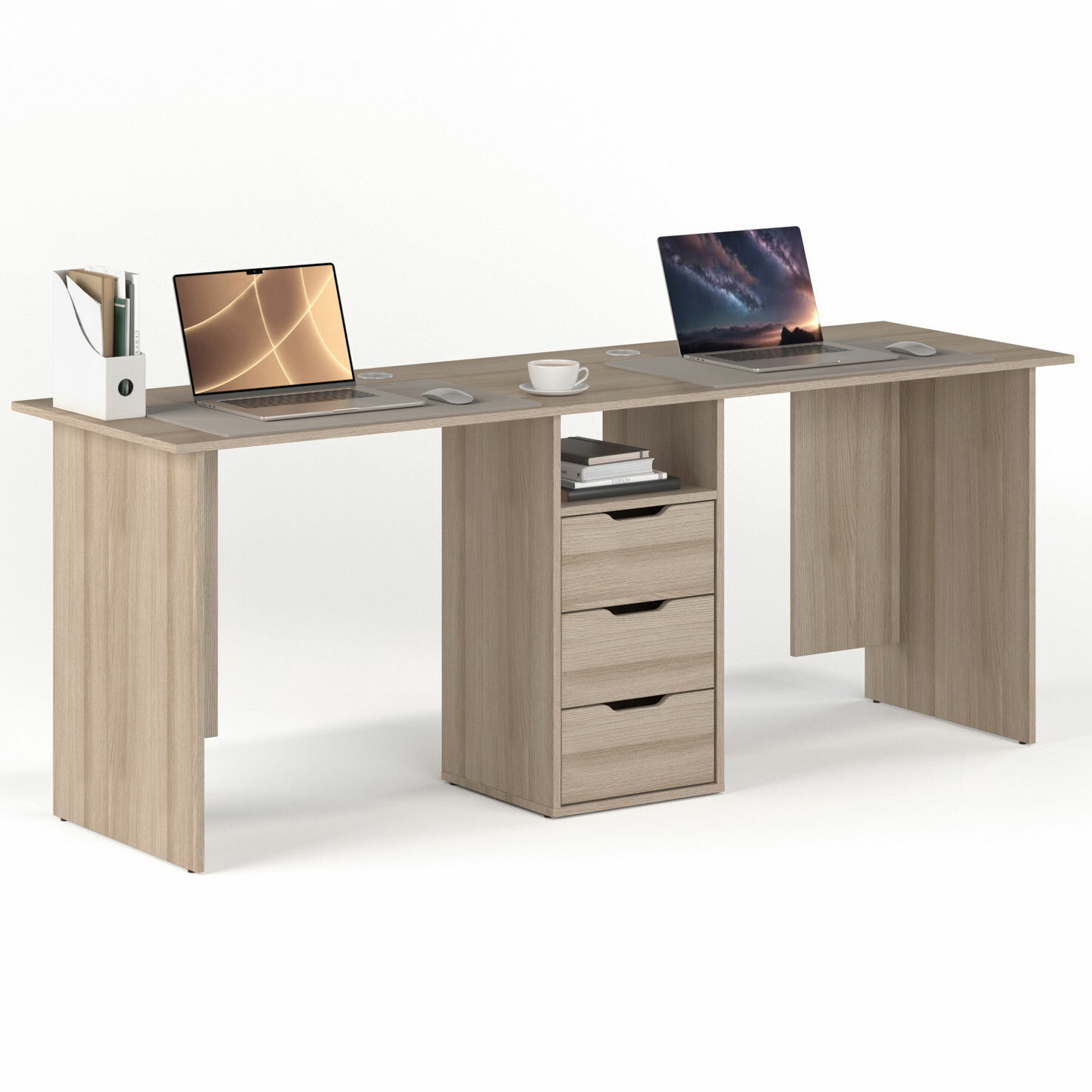 Письменный стол для двоих однотумбовый с 3 ящиками МагМебель 89 ясень шимо светлый