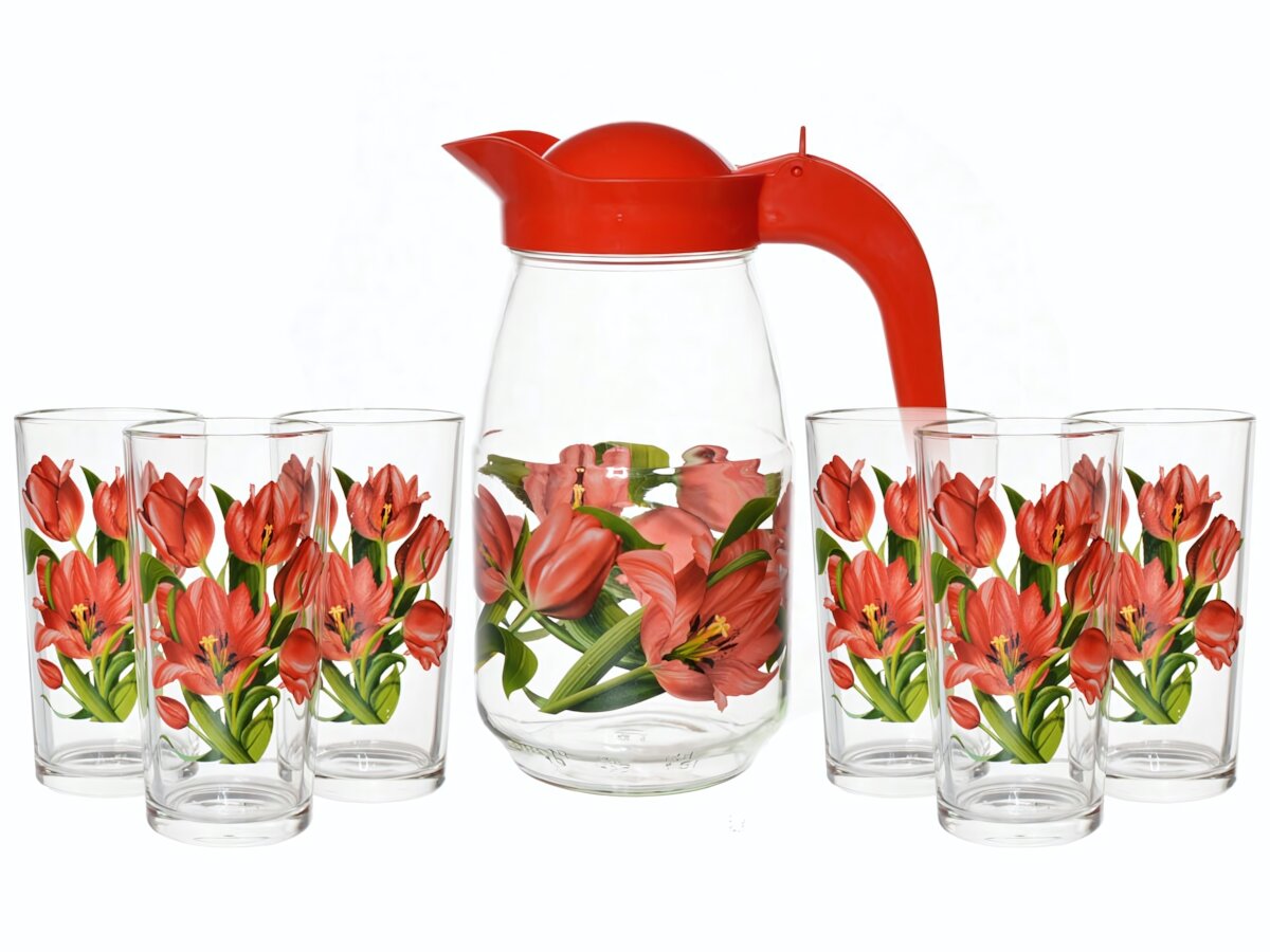 Набор для воды 7 предметов "Тюльпаны", стекло, кувшин 22 см, 6 стаканов