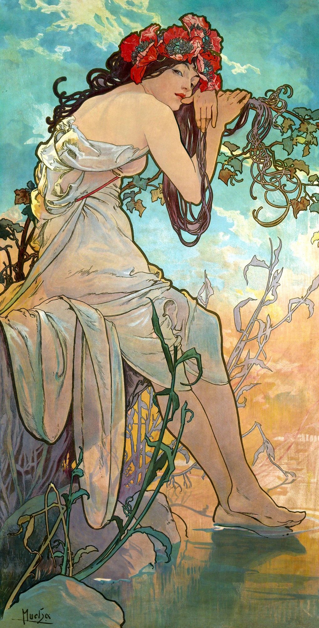 Фотообои Уютная стена "Альфонс Муха - Лето" 140х270 см Виниловые Бесшовные (единым полотном)