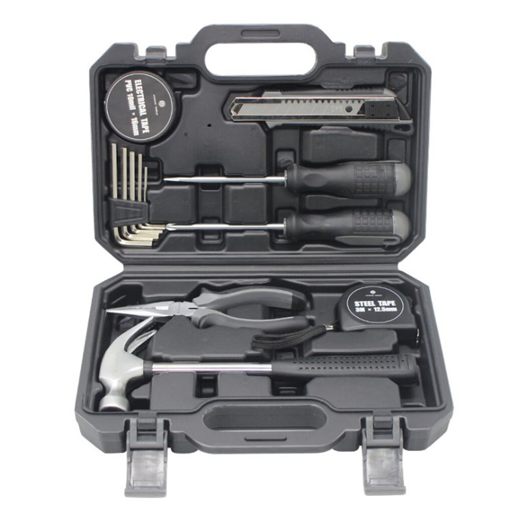 Набор ручных инструментов для общего бытового ремонта. Набор ручных инструментов с отверткой, гаечным ключом, молотком, лентой, плоскогубцами, ножом, 12 шт.