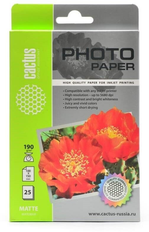 Фотобумага Cactus CS-MA619025 10x15/190г/м2/25л./белый матовое для струйной печати