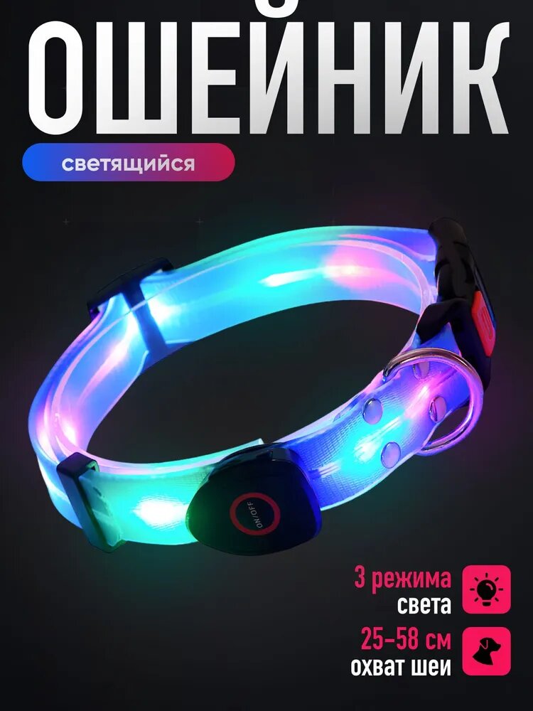 Светящийся ошейник для собак мелких, средних и крупных пород, ошейник светодиодный, синий. 3 режима свечения, usb зарядка в комплекте