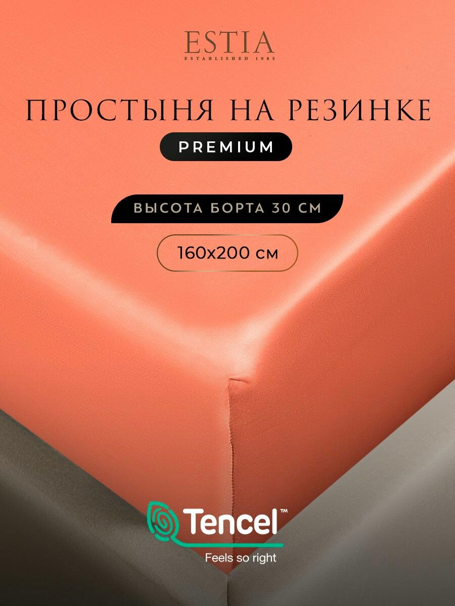 ESTIA Простыня на резинке двуспальная "Орнелла" сатин, тенсель, эвкалиптовое волокно, 160x200 +30, оранжевая