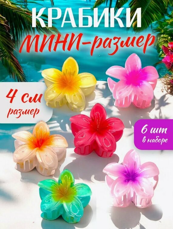 Крабики для волос в виде гавайских цветов, мини заколка, набор 6 штук, разноцветные