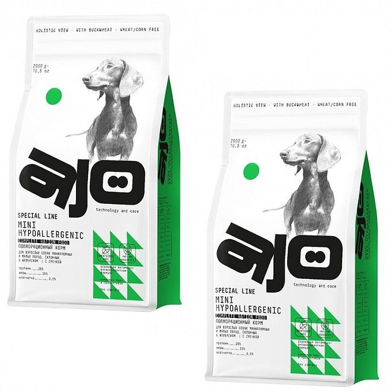 Сухой полнорационный корм AJO Dog Mini Hypoallergenic с гречкой для профилактики проявлений аллергии, 2кг 2шт