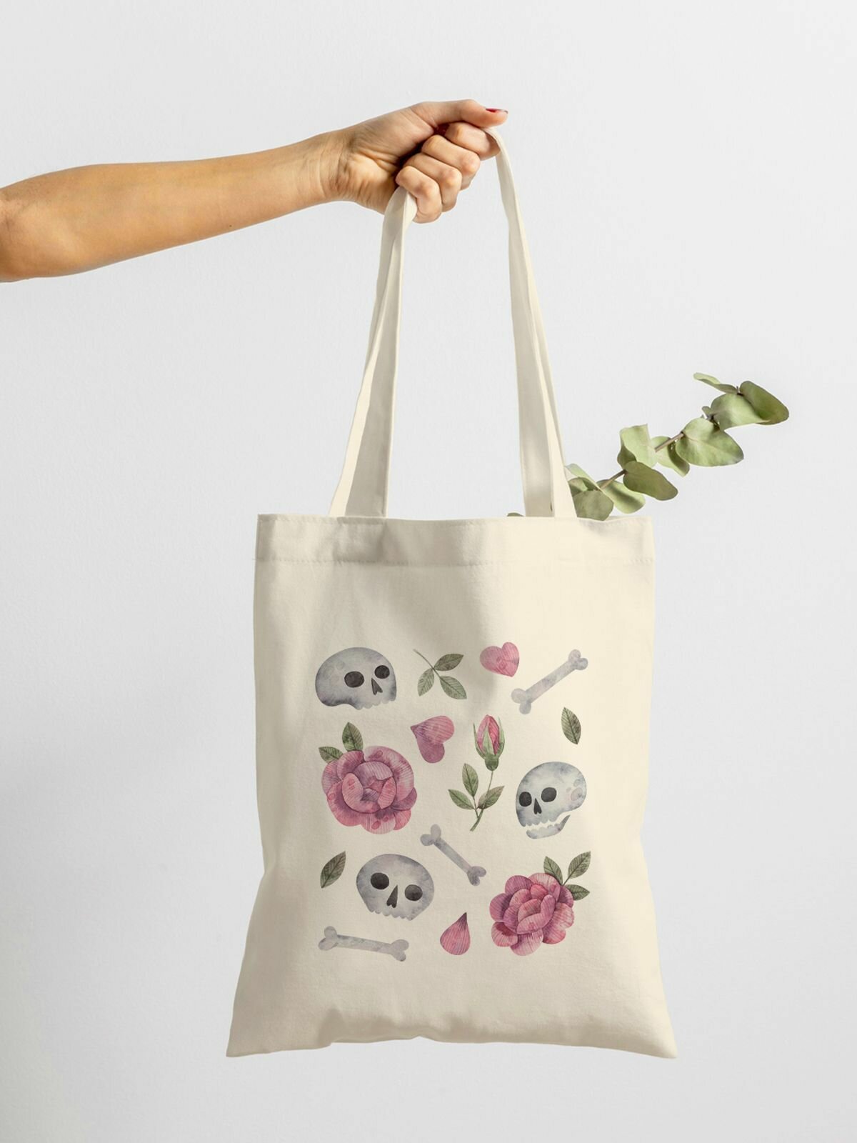 Сумка шоппер шоппер с принтом "Розы и черепа", шопер авоська холщовая с рисунком в подарок