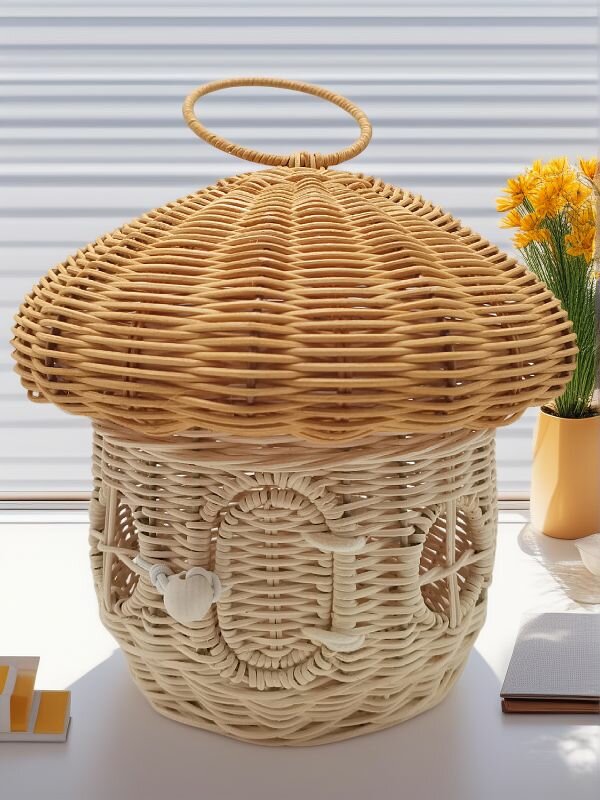 Домик в форме гриба с крышкой (круглое окошко) Ручная детская корзина для игрушек из ротанга