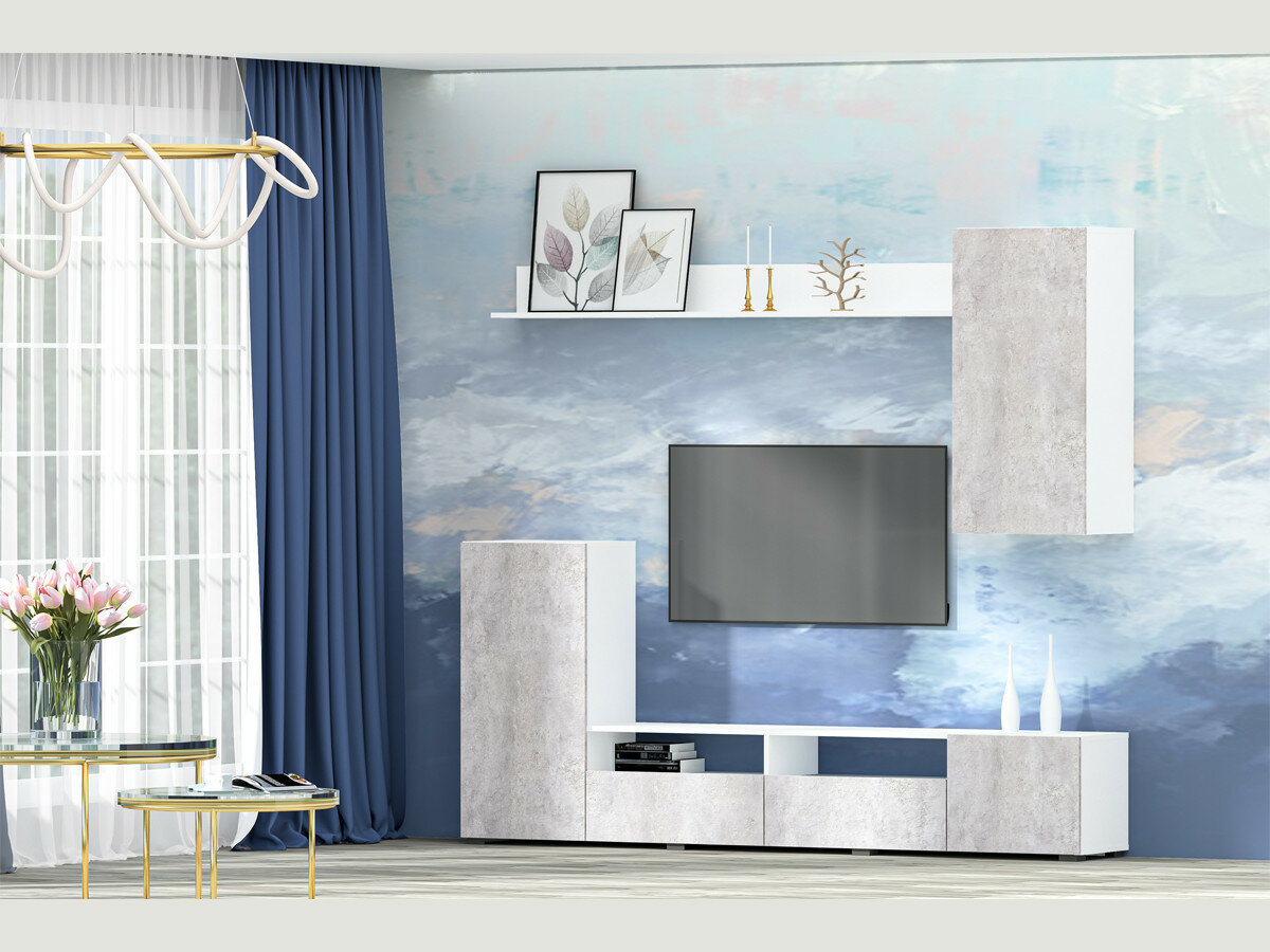 Комплект мебели для гостиной (из ЛДСП), Белый/Цемент светлый