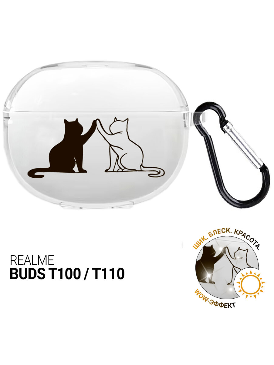 Чехол на Realme Buds T100 / T110 с принтом "Cats" прозрачный