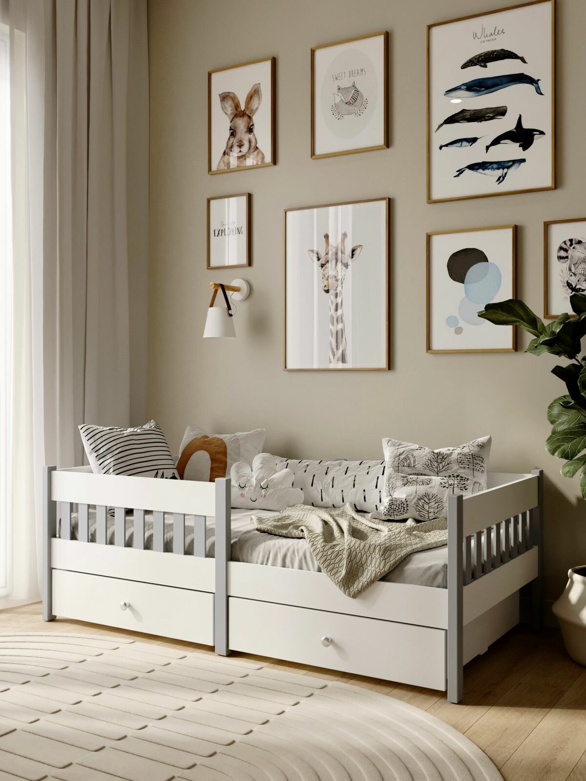 Детская кровать "Золушка-19" Баю-Бай, 140x70 см, с вертикальными бортиками, с ящиками, серо-белая