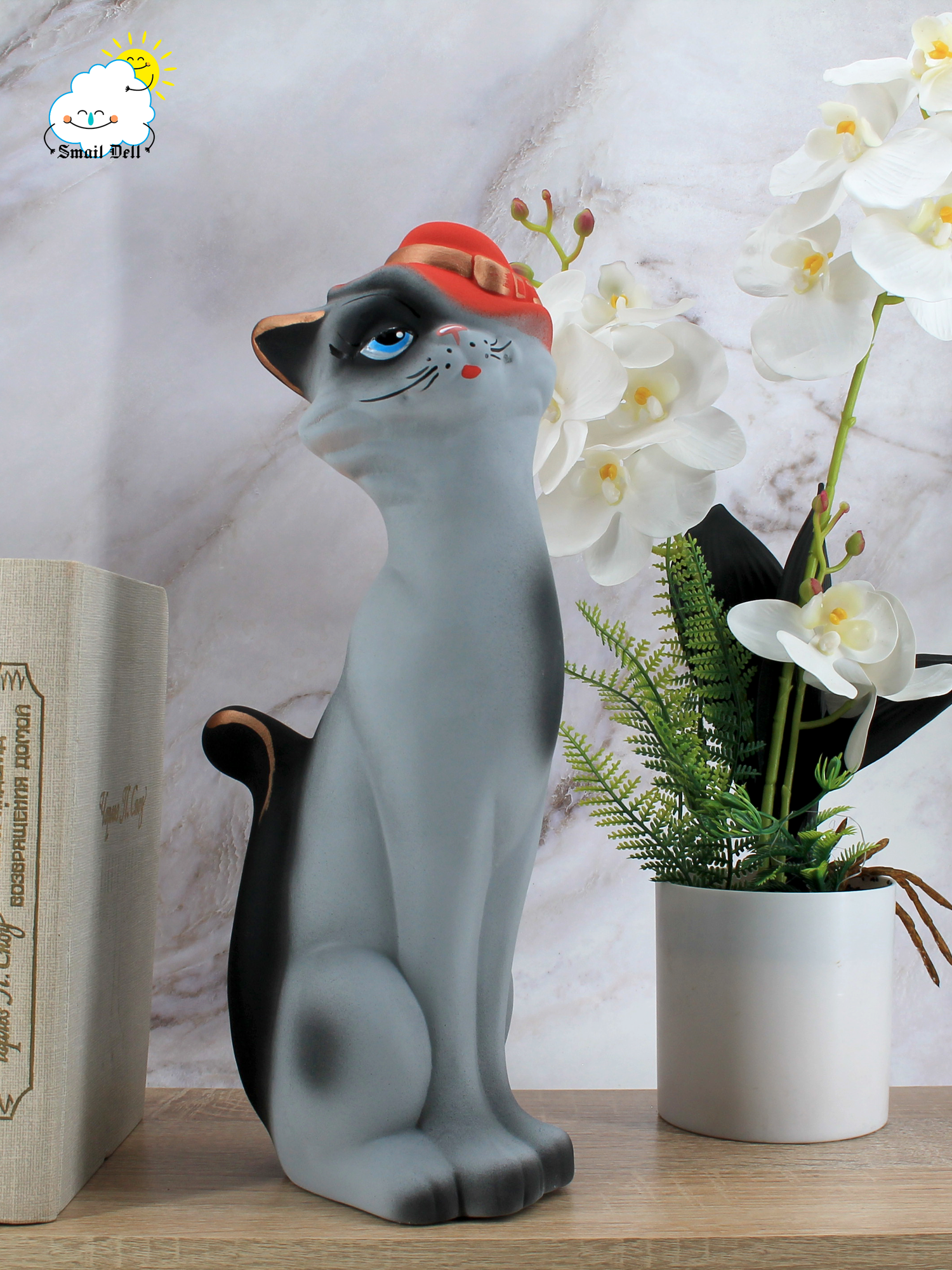 Статуэтка - копилка Кошечка Маркиза 33 см , керамика , ручная роспись , цвет серый с красной шапочкой