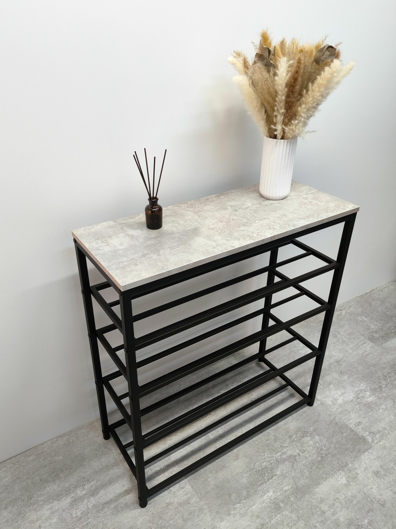 Обувница для прихожей "Мэйли" 4 полки / 51х30х82см / черный каркас - ЛДСП цемент серый