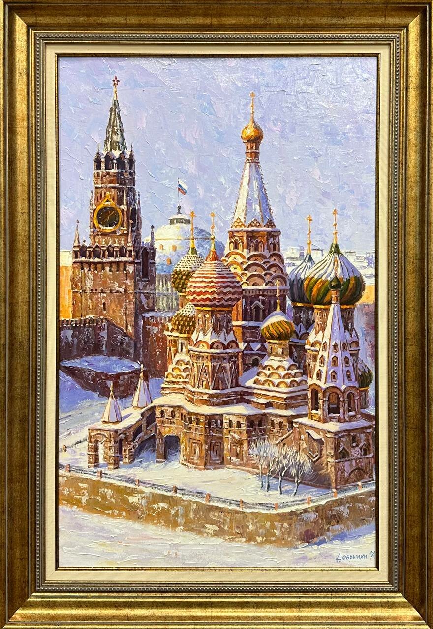 Картина маслом на холсте, зимний городской пейзаж "Храм Василия Блаженного зимой" 1, 80х50