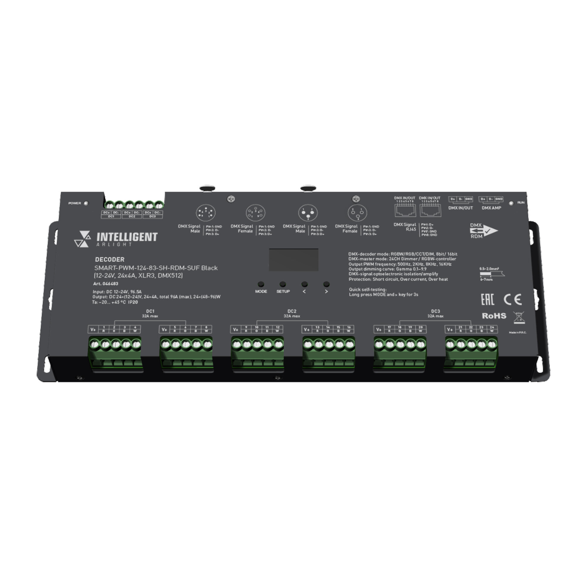 Декодер Arlight INTELLIGENT ARLIGHT Декодер SMART-PWM-124-83-SH-RDM-SUF Black (12-24V, 24x4A, XLR3, DMX512) (Arlight, IP20 Металл, 5 лет)