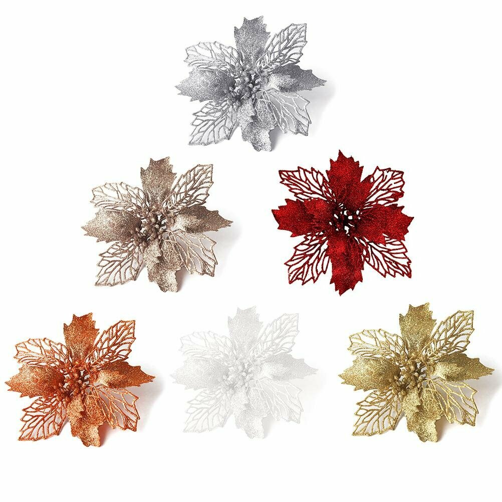 10 шт, рождественские блестящие цветы пуансеттии, рождественские украшения, многоразовые искусственные цветы