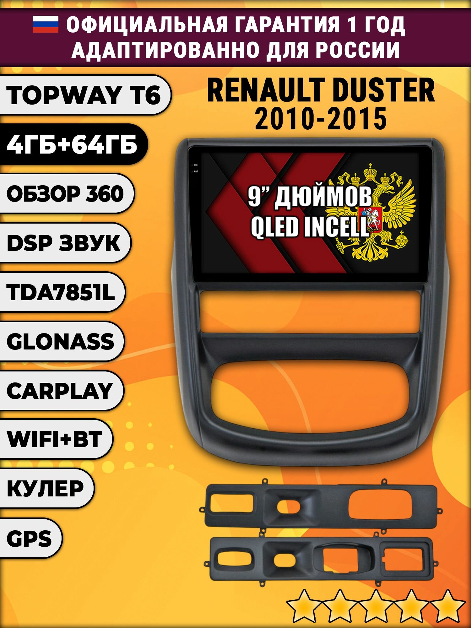 4гб+64гб с DSP для RENAULT DUSTER (2010-2015), Android магнитола, без слота под симку, усилитель звука TDA7851 и поддержка 360 камер