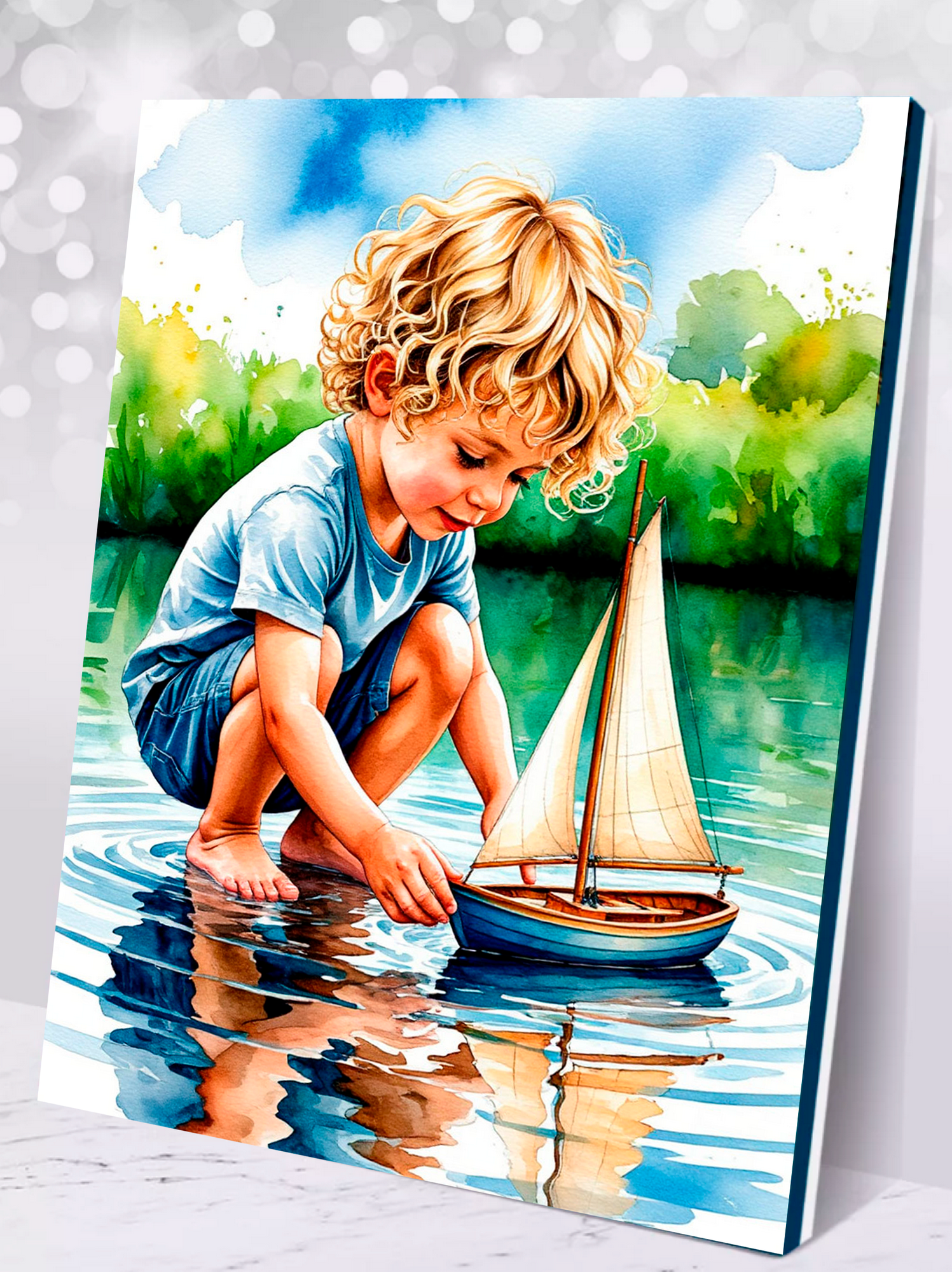 Картина на стену для интерьера Мальчик с корабликом 40х50 см, холст на подрамнике, InterHobby