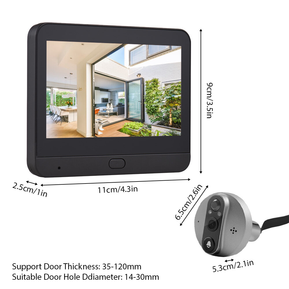 3-Мп WiFi видеодомофон с 4,3" дисплеем, Smart Life/Tuya, 1080P, PIR, двусторонний аудио