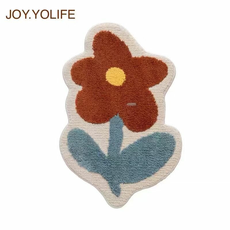 Коврик прикроватный 50х74 см Joy.Yolife с вышивкой из пряжи Цветочек зеленый, махровый, в спальню, ванную, гостиную, прихожую на пол