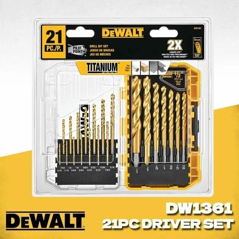 DEWALT DW1361 21PCS набор буровых бит титана экспериментальной точки деревообрабатывающей металлообработки HSS высокоскоростные стальные сверла твиста
