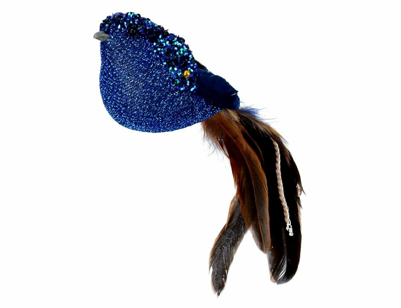 Ёлочная игрушка птичка - бисерная радость, на клипсе, перо, синяя, 24 см, Kaemingk 520995-1