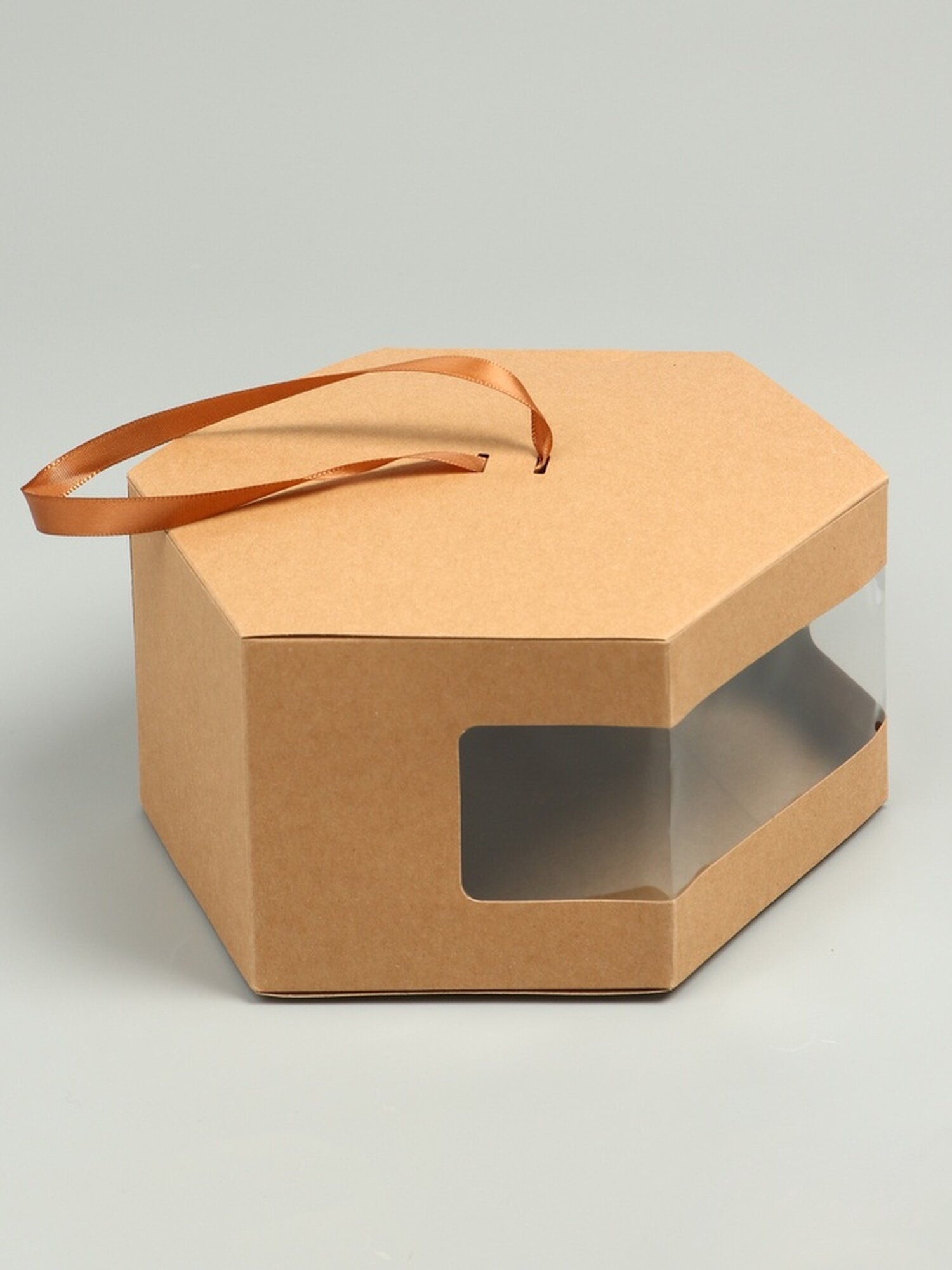 Коробка подарочная шестигранная, с окном, крафтовая, 10×30×17 см