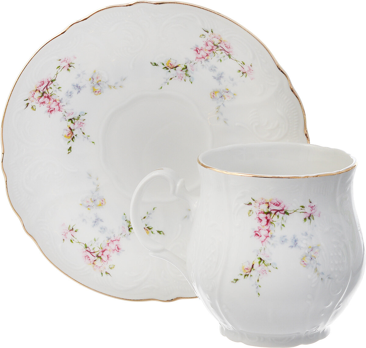 Чашка для чая 310 мл с блюдцем 160 мм; "Bernadotte", декор "Дикая роза, отводка золото", 1 шт