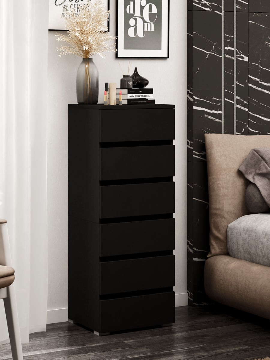 Комод MFMaster Vitto-53, черный, 6 выдвижных ящиков, без ручек, ЛДСП