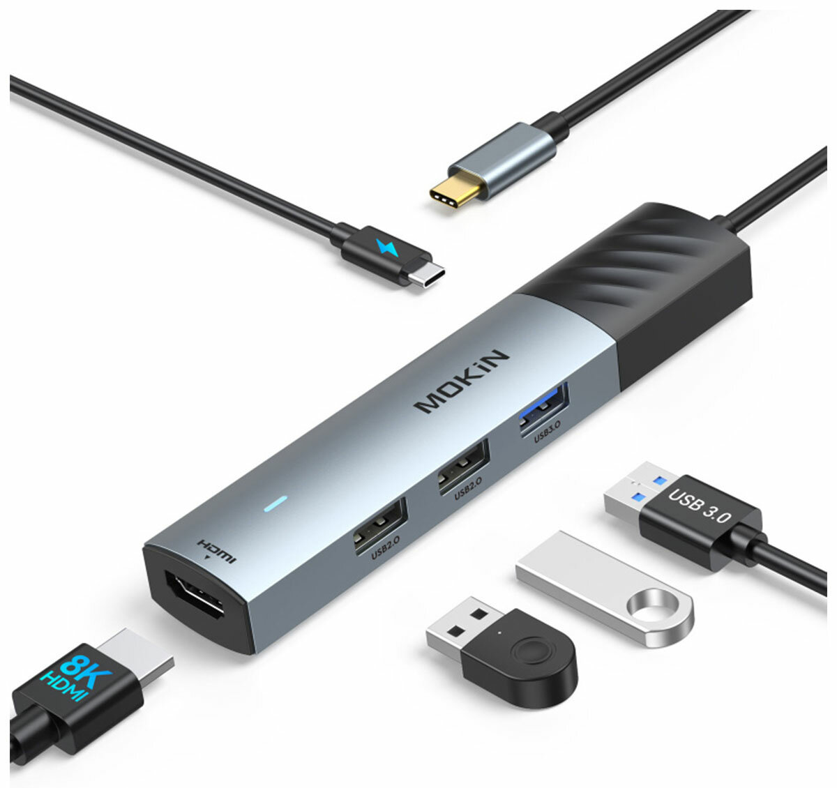 Универсальный адаптер 5 in 1 Mokin MOUC6005, USB C HUB, 1*USB A 3.0 5Gb, 2*USB A 2.0, 480M, HDMI 4K@60Hz, USB C PD 3.0 100W