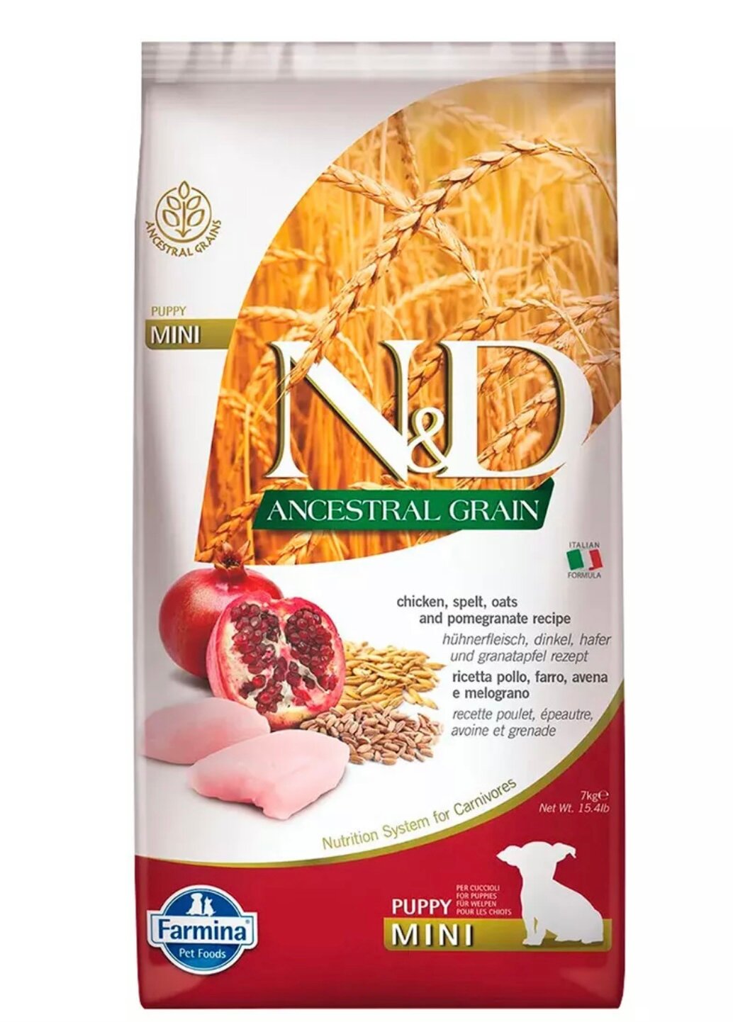 Корм сухой FARMINA ND ANCESTRAL GRAIN DOG Chicken Pomegrante PUPPY MINI для щенков мелких пород с курицей, 7кг