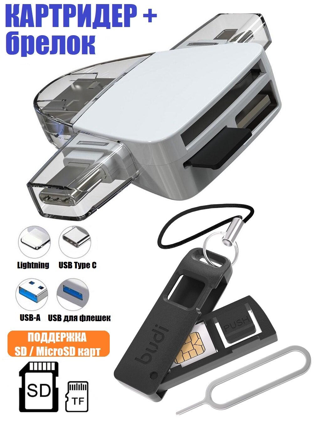 Картридер 6 в 1 для смартфона и ПК + брелок органайзер для карт