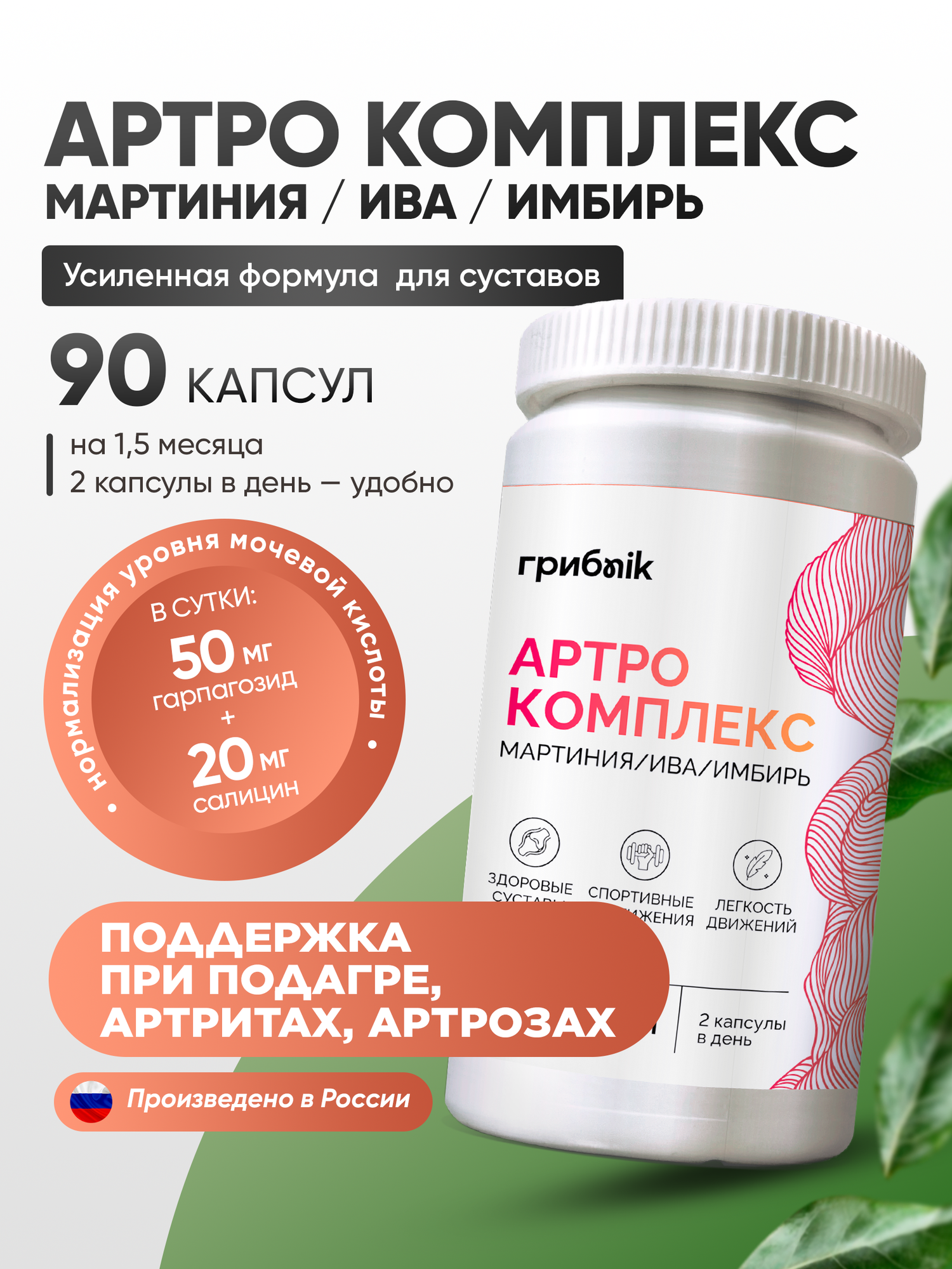 Мартиния душистая + ива + имбирь для суставов и связок, от артрита, артроза, подагры 90 капсул, ГрибNik